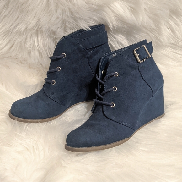 SO | Shoes | So Navy Blue Suede Hayride Wedge Booties | Poshmark